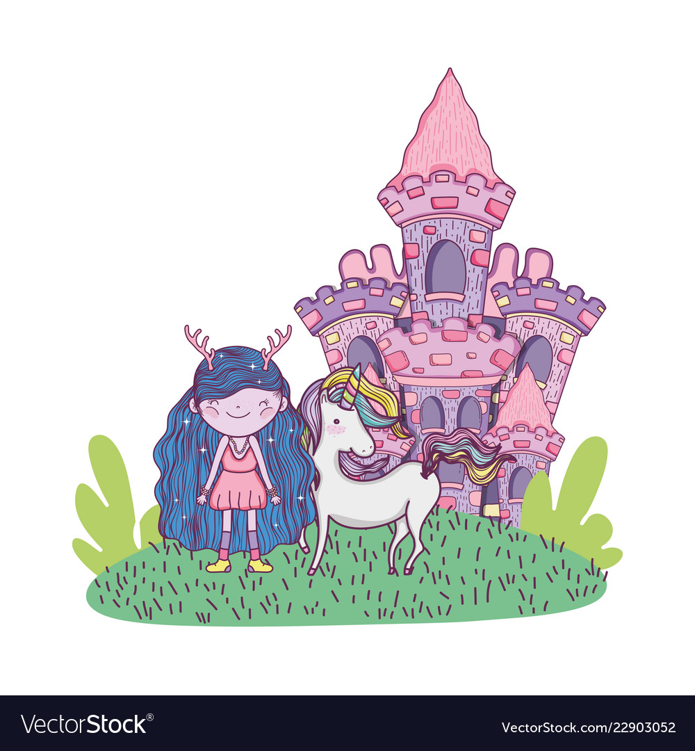 Cute little fairy with castle and unicorn Vector Image
