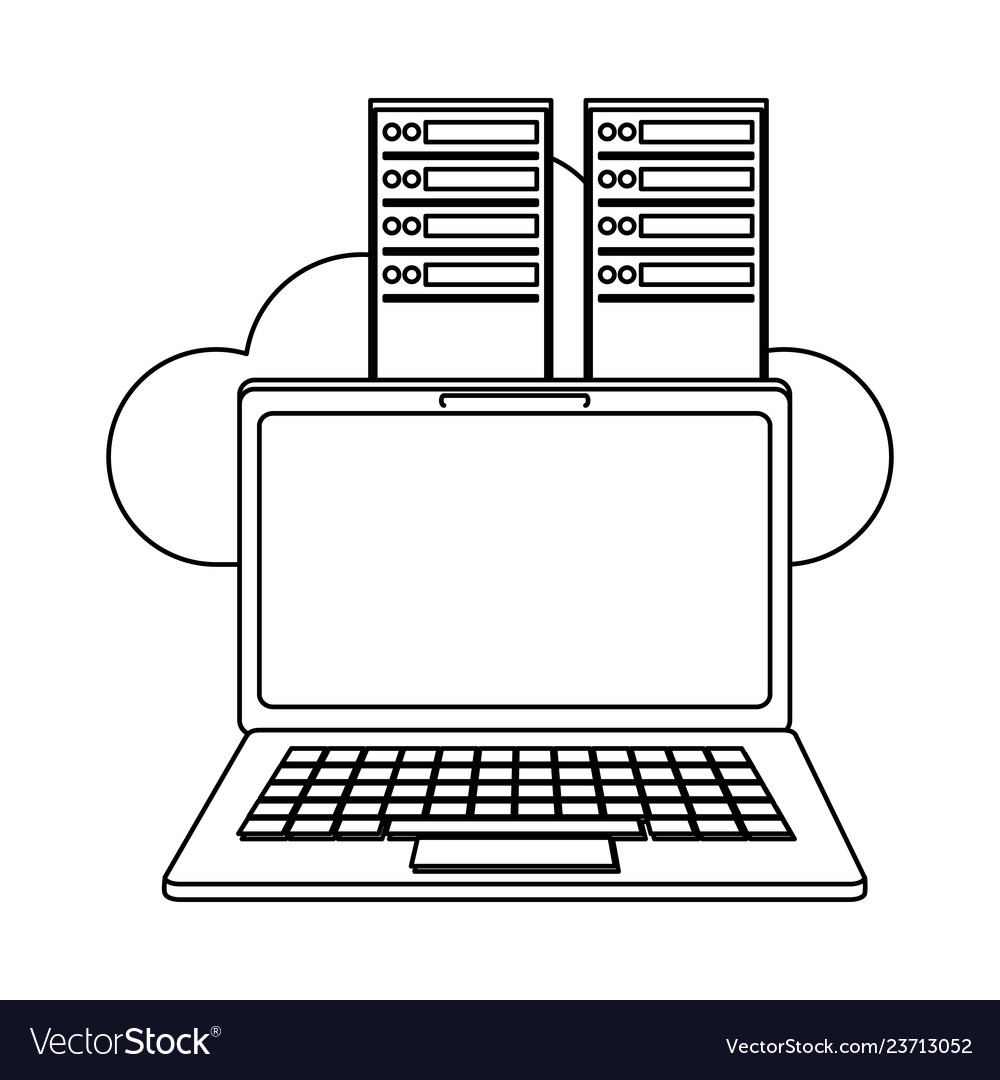 Laptop and servers cloud computing black and white