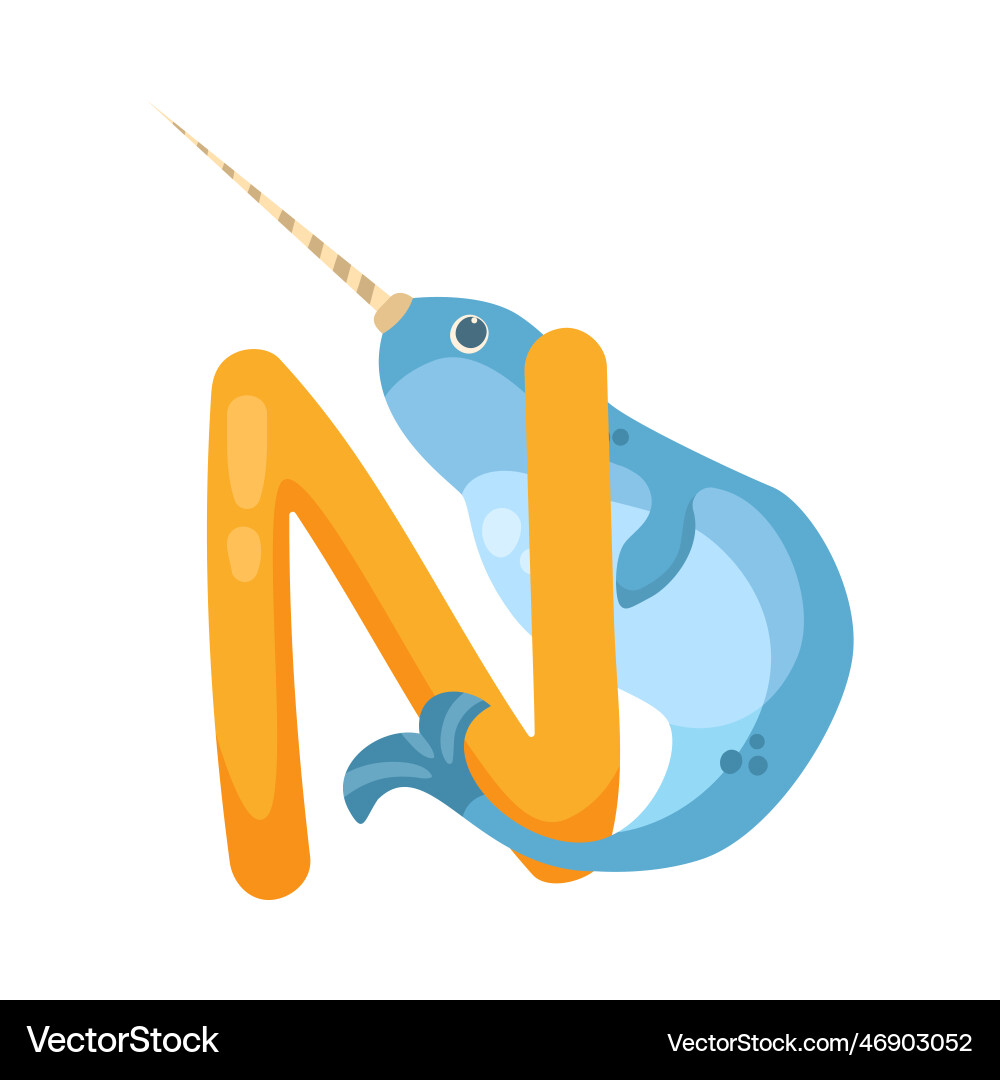 Narwhal character with alphabet letter n Vector Image