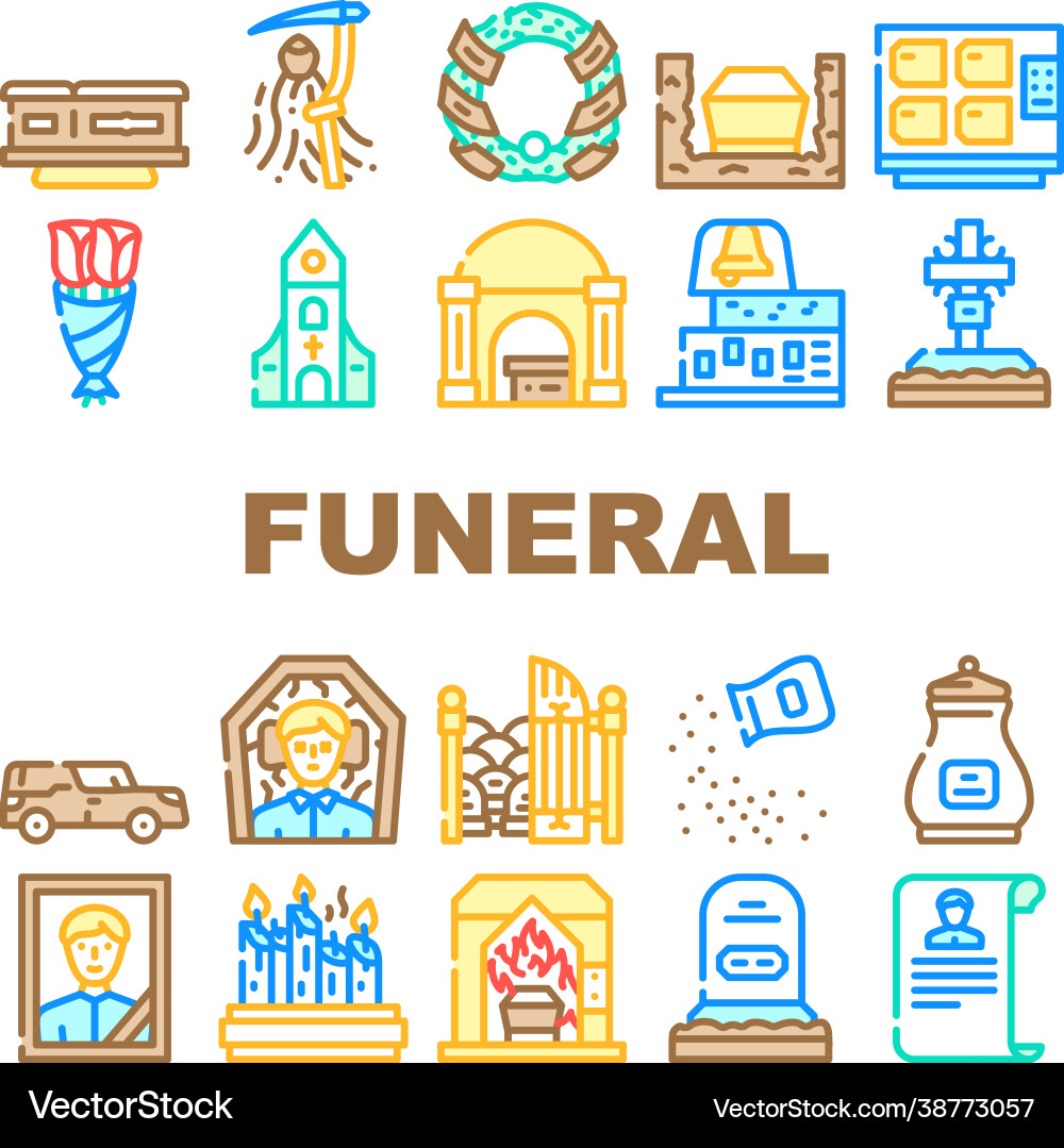 Funeral dead ceremony collection icons set Vector Image