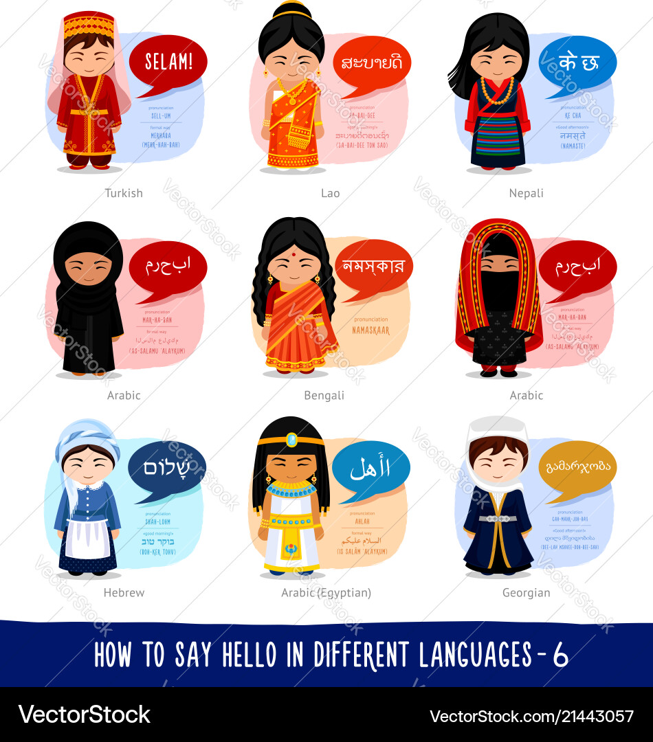 Girls saying hello in foreign languages Royalty Free Vector