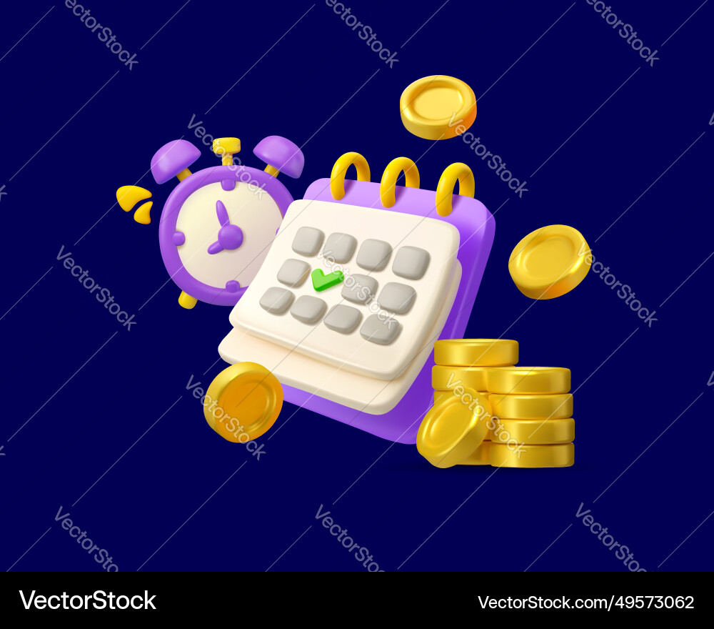3d icon calendar with clock and money Royalty Free Vector