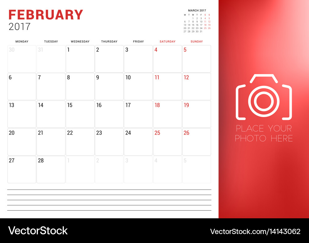 Calendar planner template for february 2017 week Vector Image
