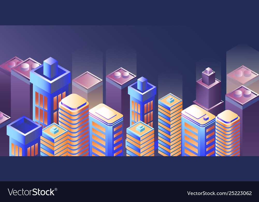 Night city panorama modern isometry Royalty Free Vector