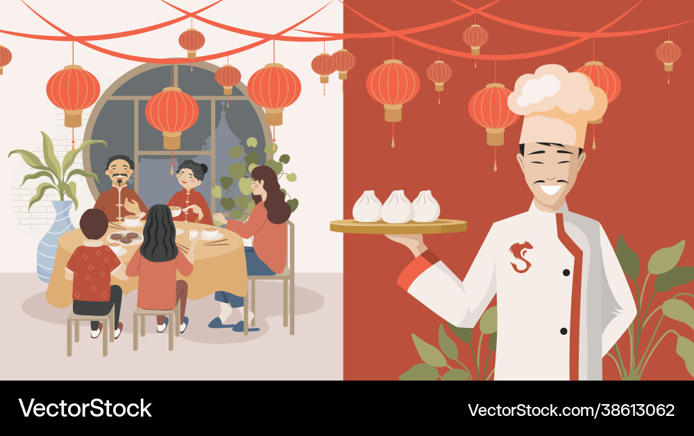 People eating in chinese restaurant flat Vector Image