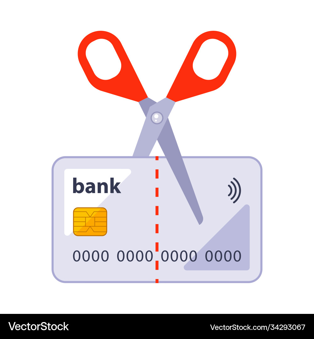Cut an old bank card with scissors flat Royalty Free Vector