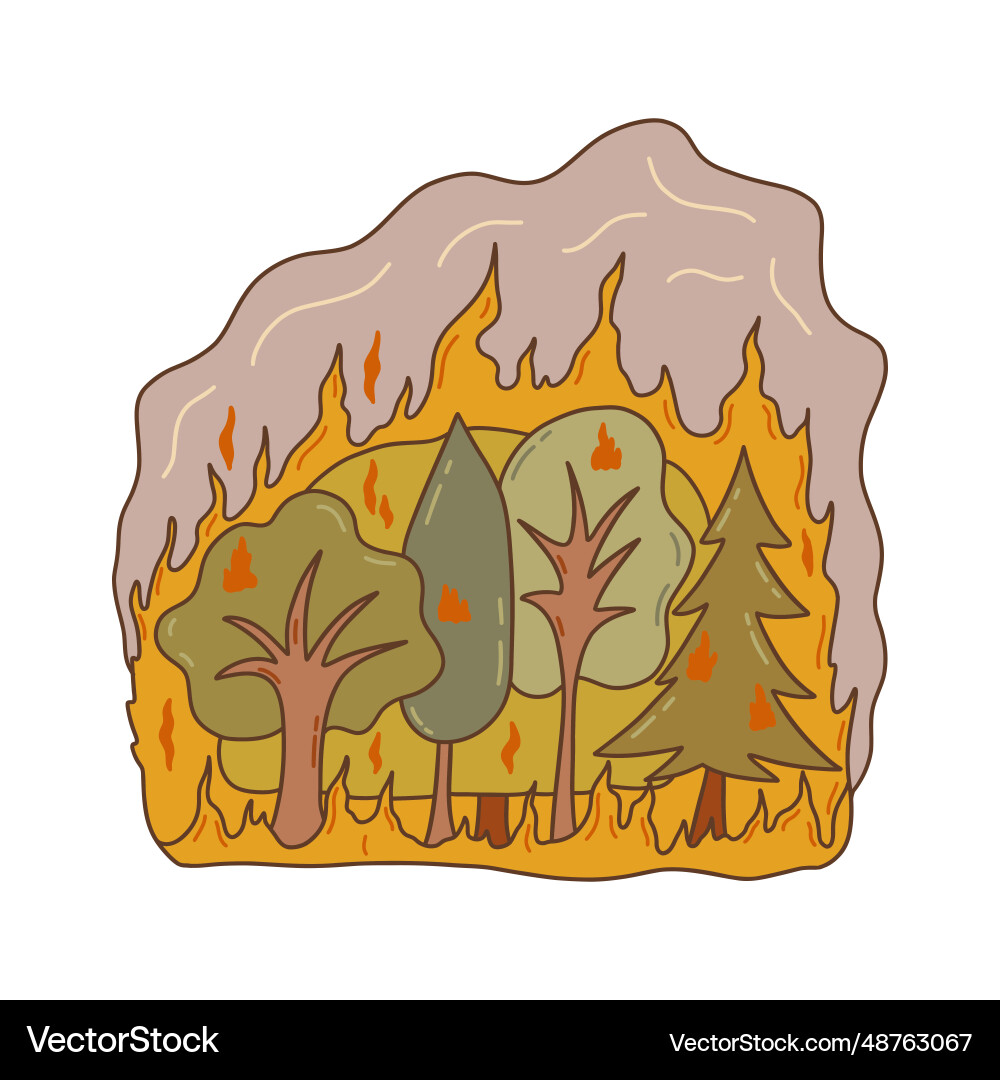 Forest fire burning trees lot of smoke Royalty Free Vector