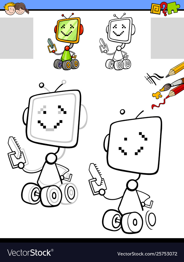 Drawing and coloring worksheet with cartoon robot Vector Image