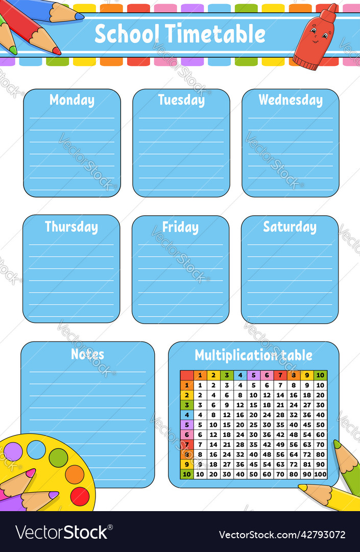 School timetable with multiplication table Vector Image