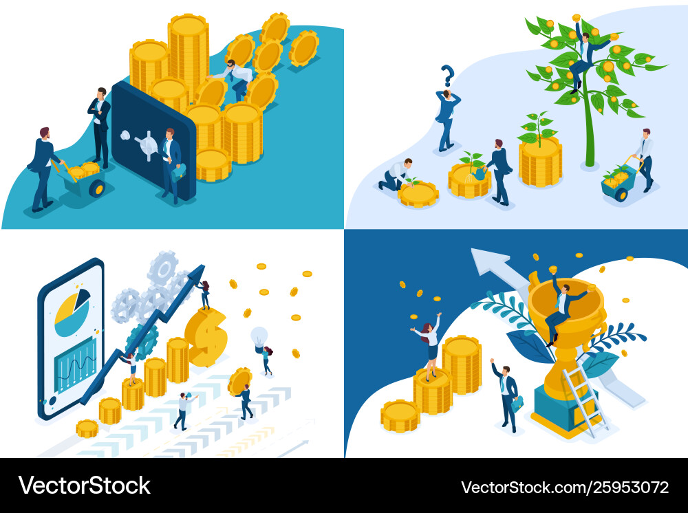 Set isometric concept on investments growth team Vector Image