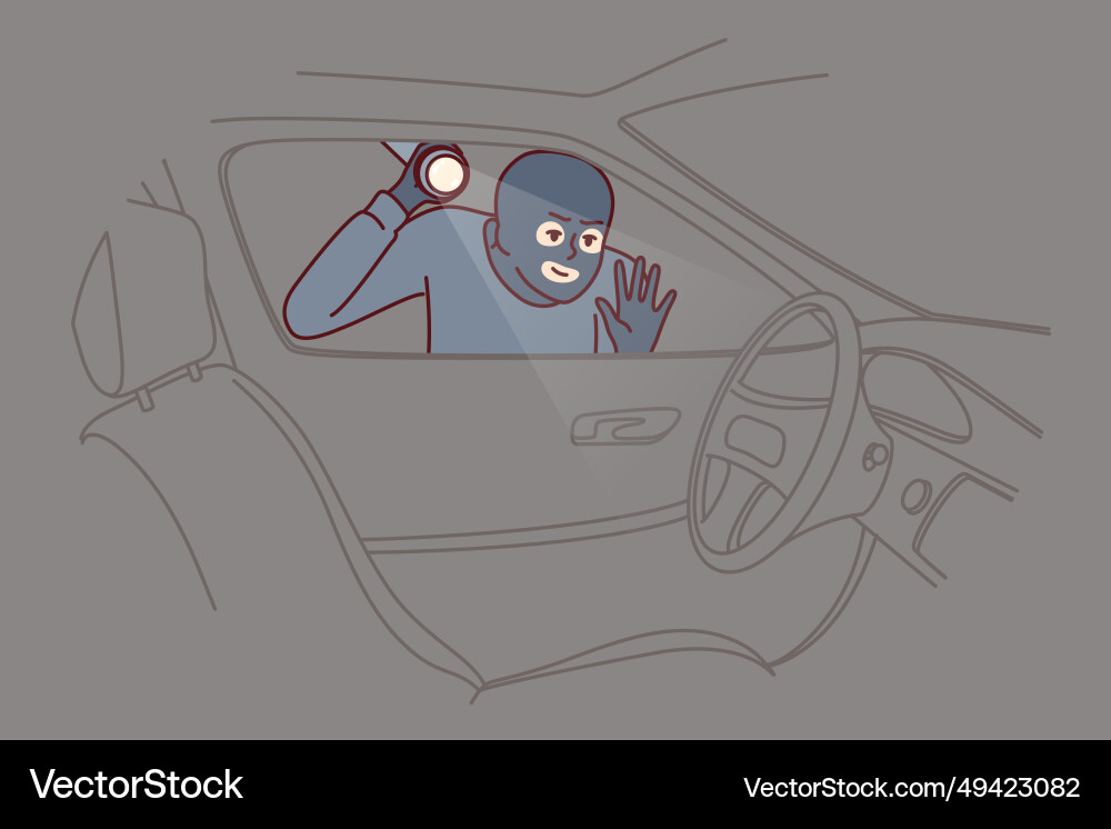 Robber stands near car and shines flashlight Vector Image