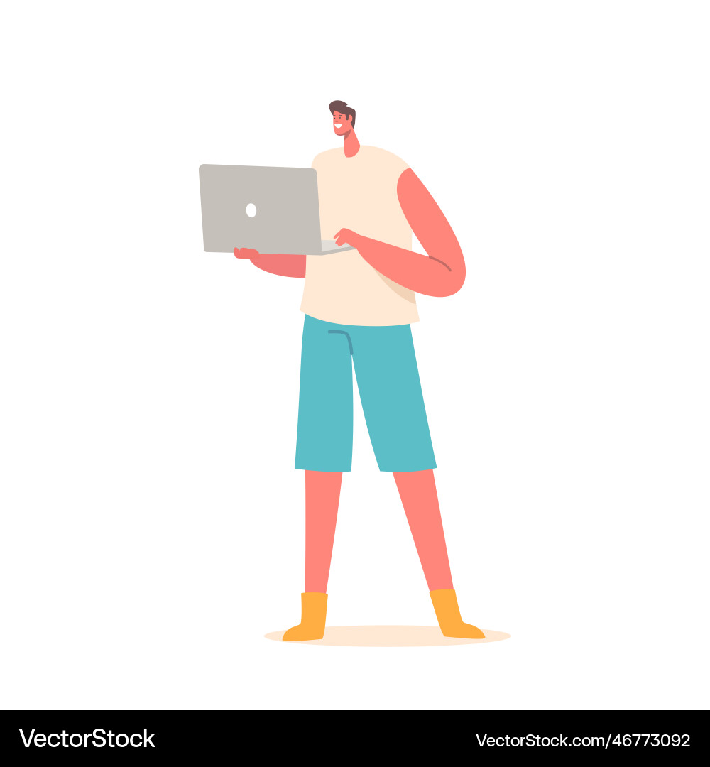 Young smiling man standing with laptop in hands Vector Image