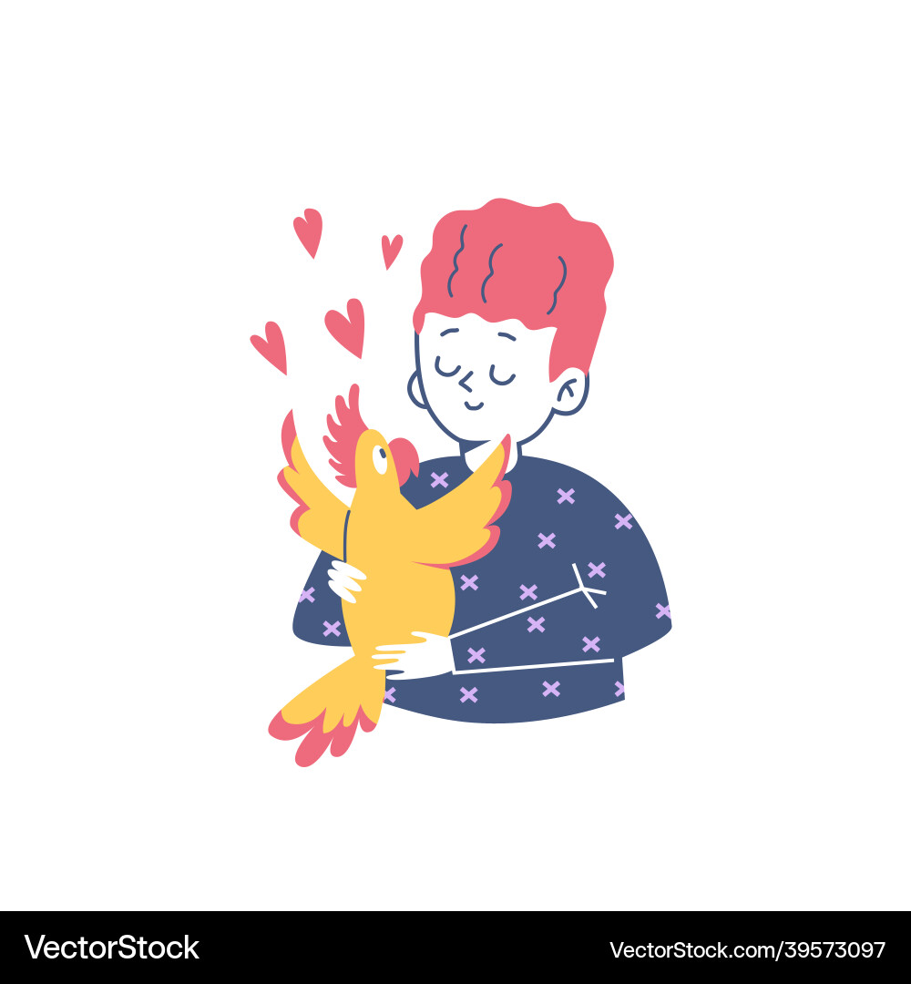 Child embracing and hugging funny parrot flat Vector Image