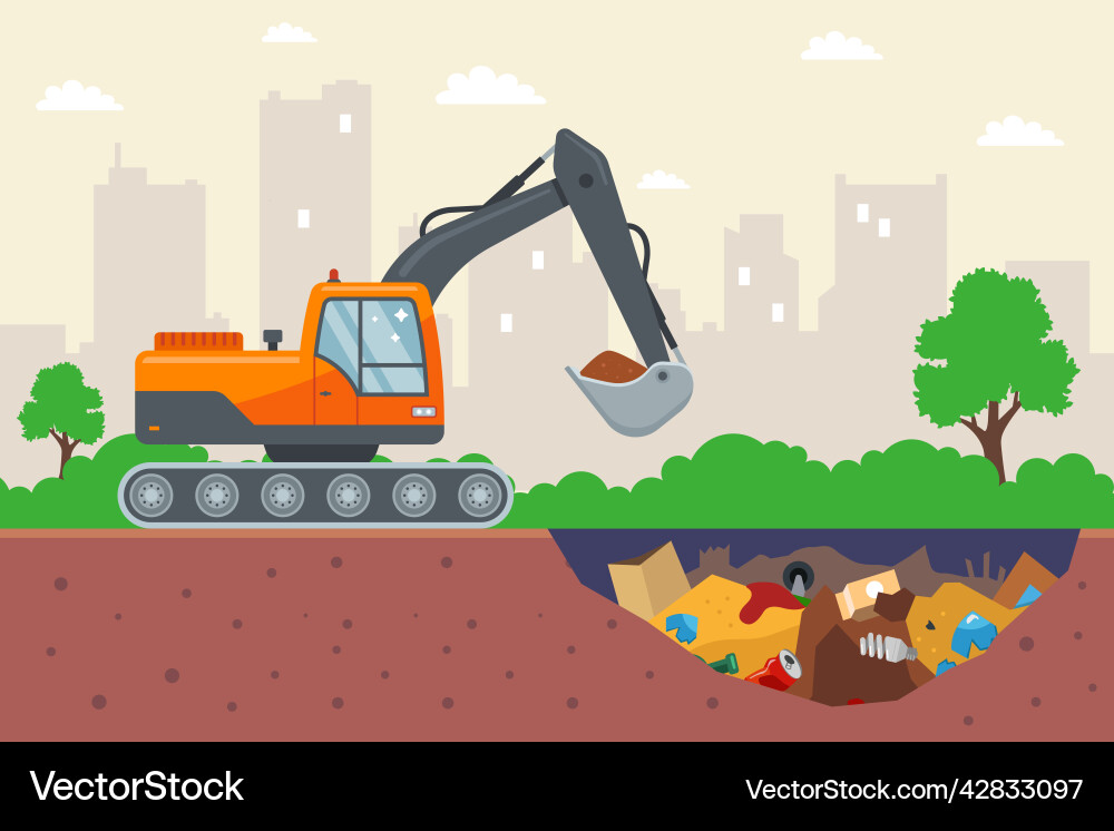 Excavator digs garbage waste compost cesspool Vector Image