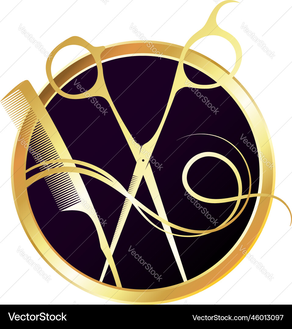 Golden scissors and a comb with a beautiful curl Vector Image
