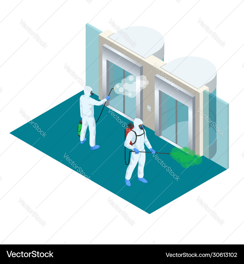 Isometric man wearing a protective suit disinfects