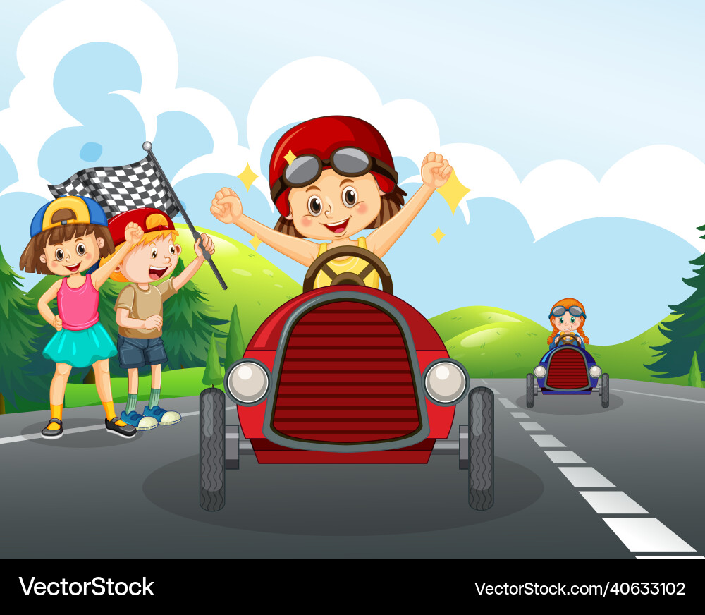 Scene with children racing car Royalty Free Vector Image