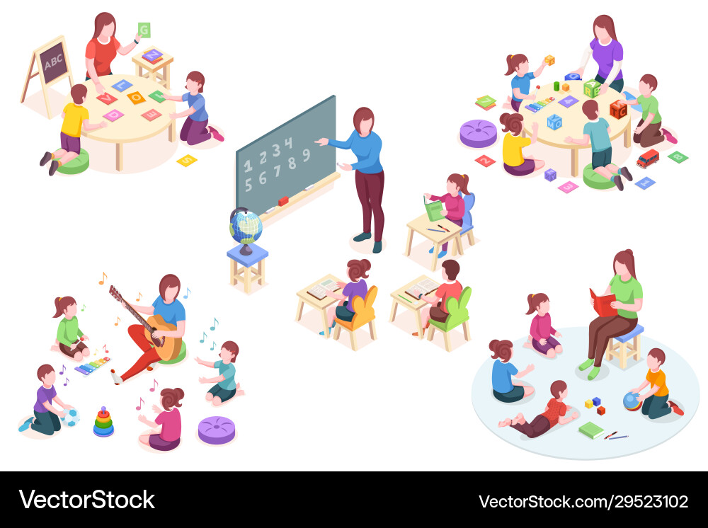 Teacher and kids learning isometric kindergarten Vector Image