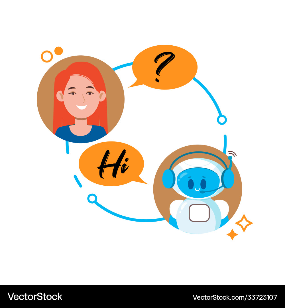 Chatbot concept woman chatting with cute robot Vector Image