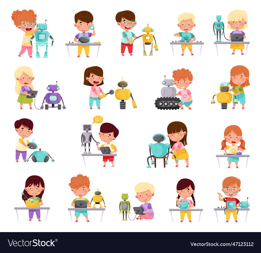 Cute little kid programming and creating smart Vector Image