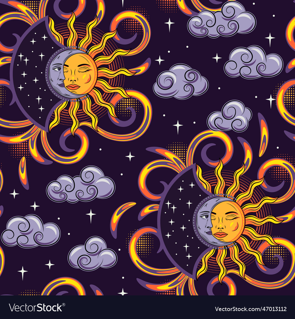 Pattern with eclipse sun crescent clouds stars Vector Image