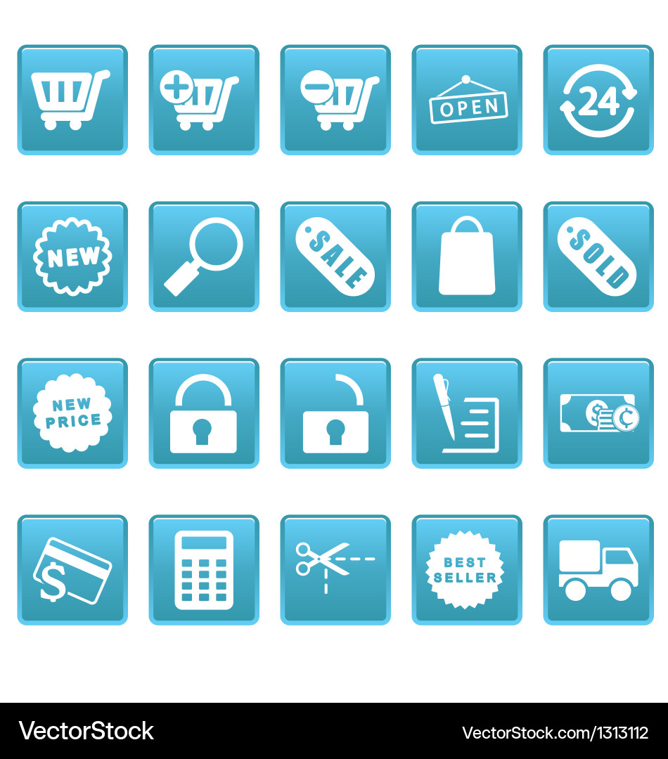Shopping icons on blue squares Royalty Free Vector Image