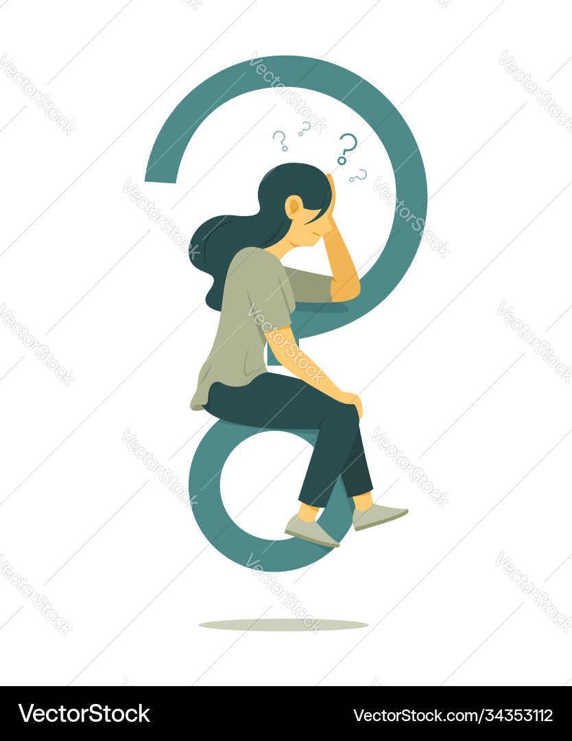 Woman is thinking sitting on big question mark Vector Image