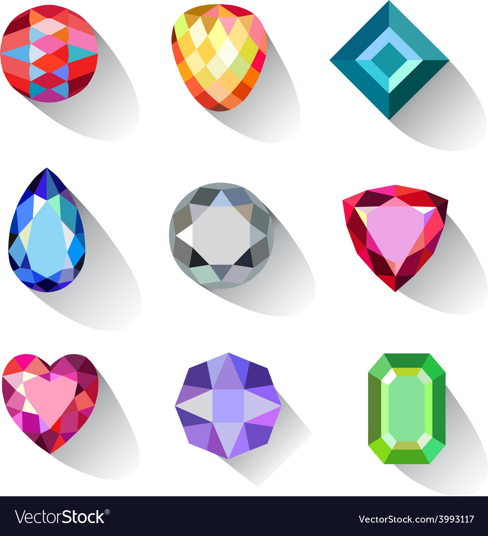 Flat Style Long Shadow Colored Gems Cuts Icons Vector Image