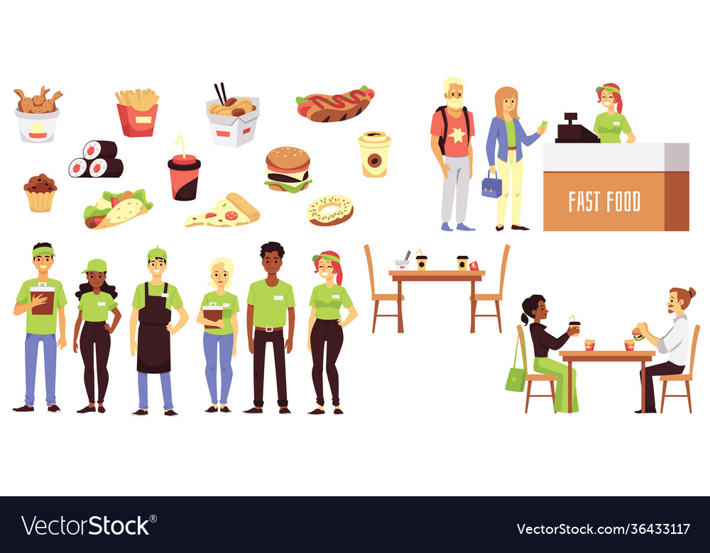 Set fast food cafe symbols and characters flat Vector Image