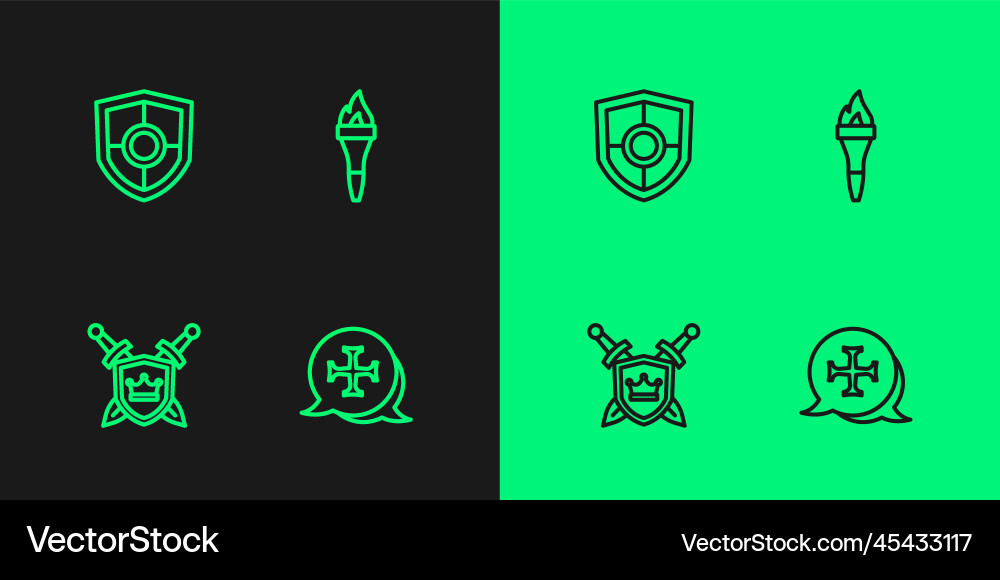 Set line crusade shield with swords and torch Vector Image