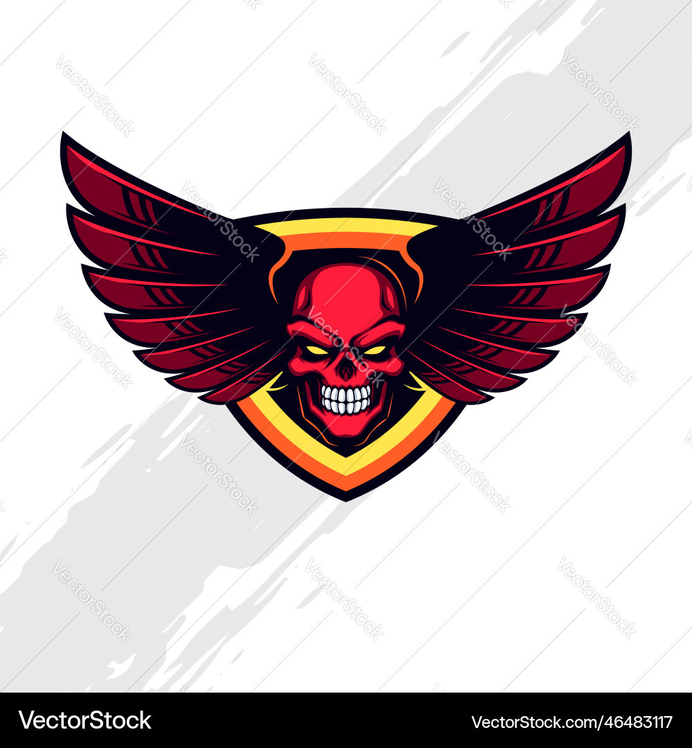 Winged red skull with golden shield insignia Vector Image