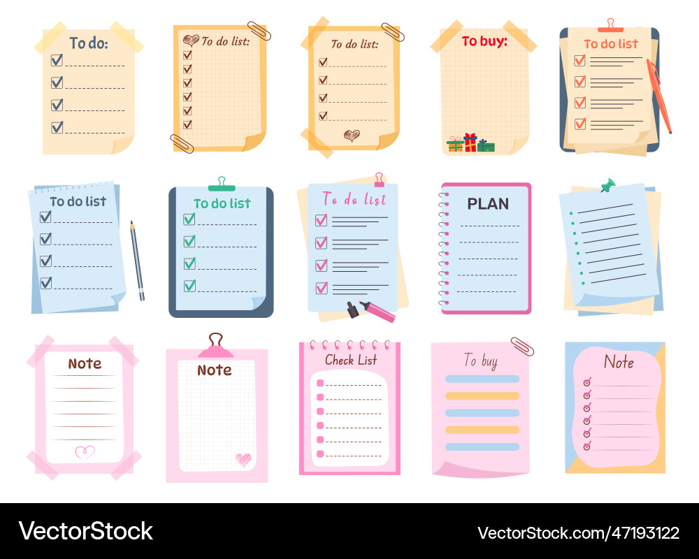 Set of cute memo paper sheets sticky note Vector Image