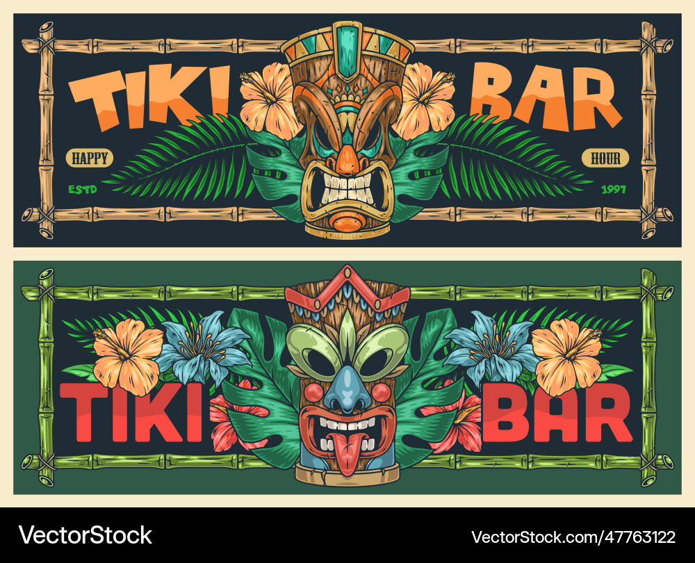 Tiki bar set banners colorful Royalty Free Vector Image