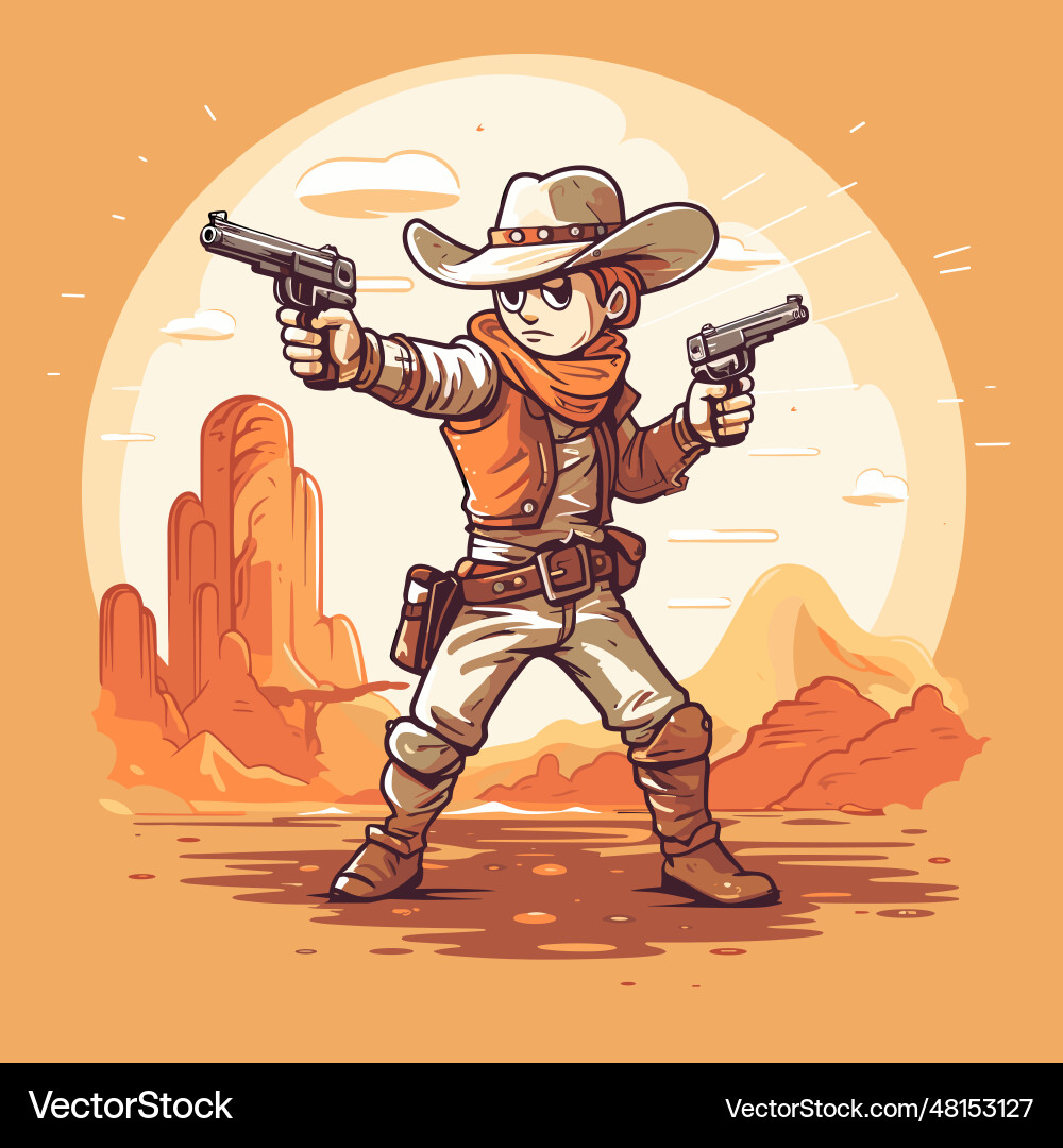 Cowboy with a gun shooting hand-drawn Royalty Free Vector