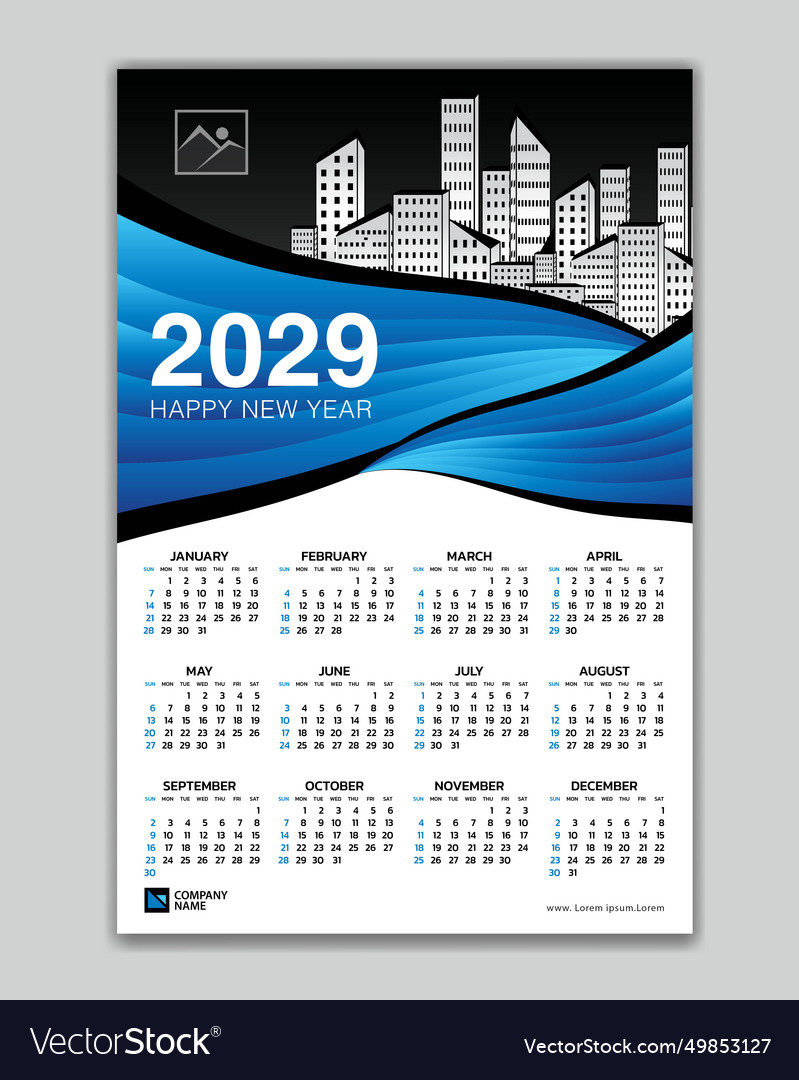 Wall calendar 2029 year blue wave template Vector Image