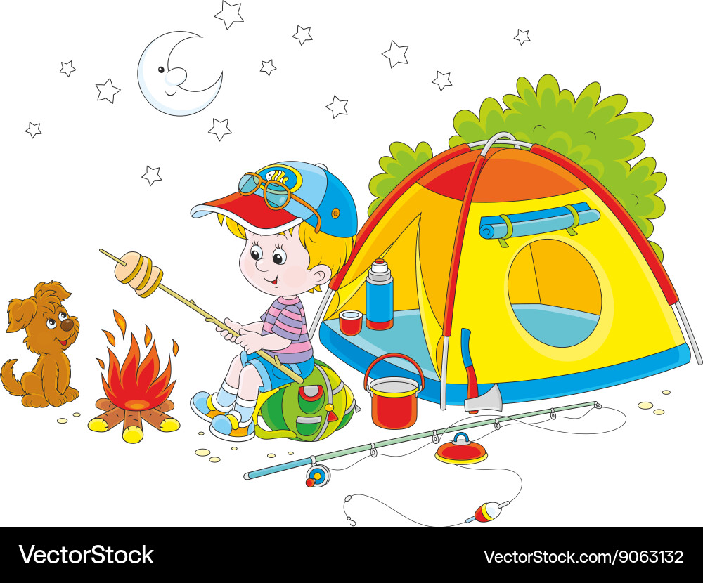 Boy scout roasting bread on campfire Royalty Free Vector