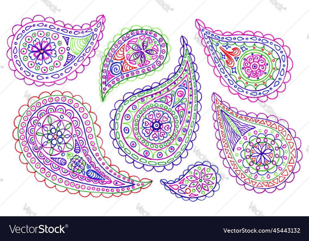 Paisley Buta Colorful Pattern Set Doodle Vector Image