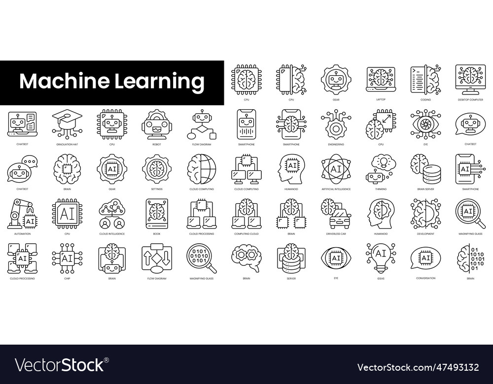 Set of outline machine learning icons minimalist Vector Image