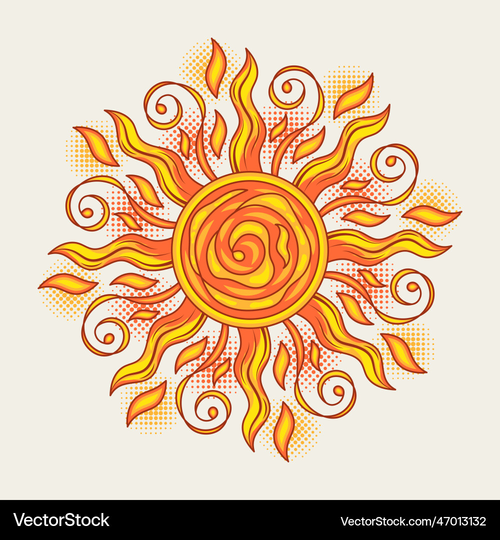 Sun with spirals swirls halftone shapes Royalty Free Vector