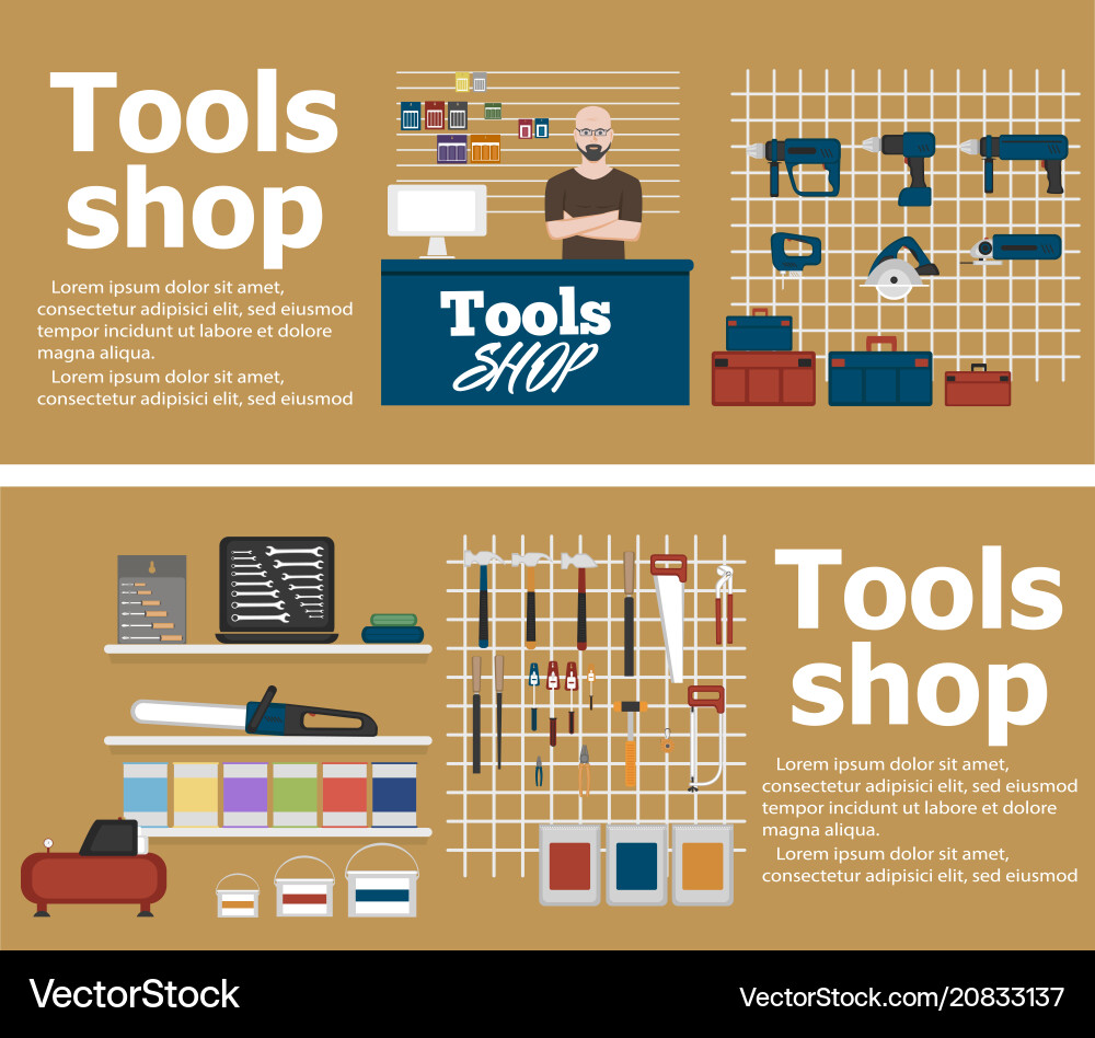 Tools shop banners with instruments Royalty Free Vector