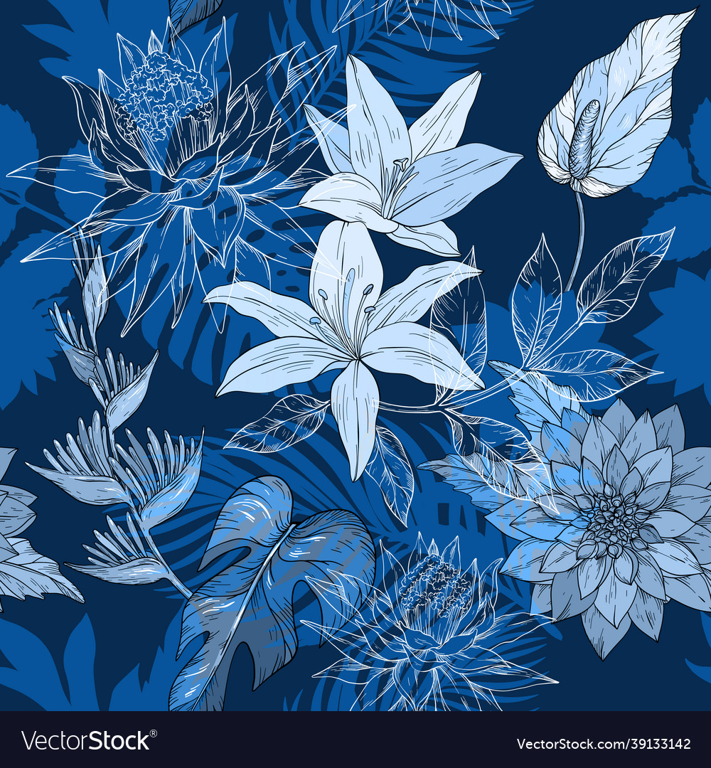 Blue monochrome hand draw seamless pattern Vector Image