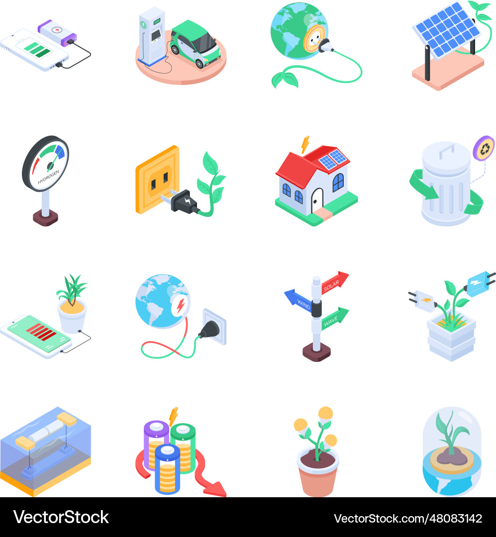 Bundle of eco power isometric icons Royalty Free Vector