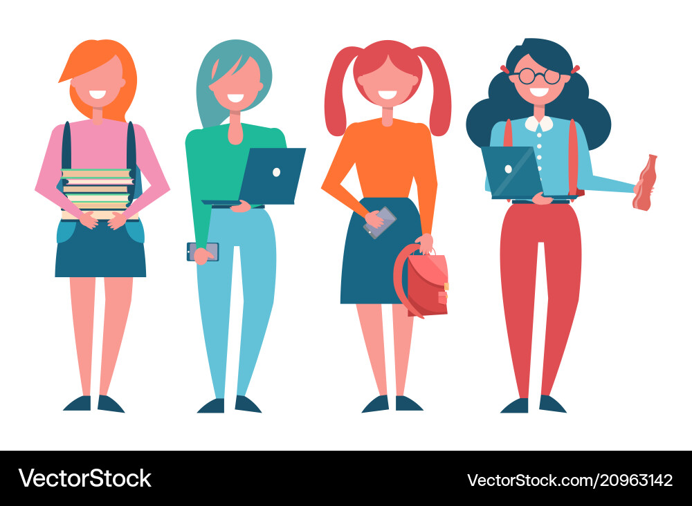 Female students with books and modern laptops Vector Image