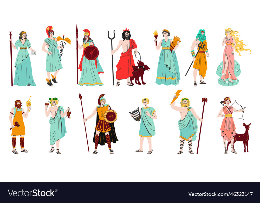Olympus gods flat color set Royalty Free Vector Image