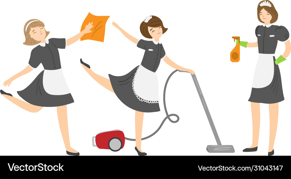 Set women maids making housekeeping with tools Vector Image