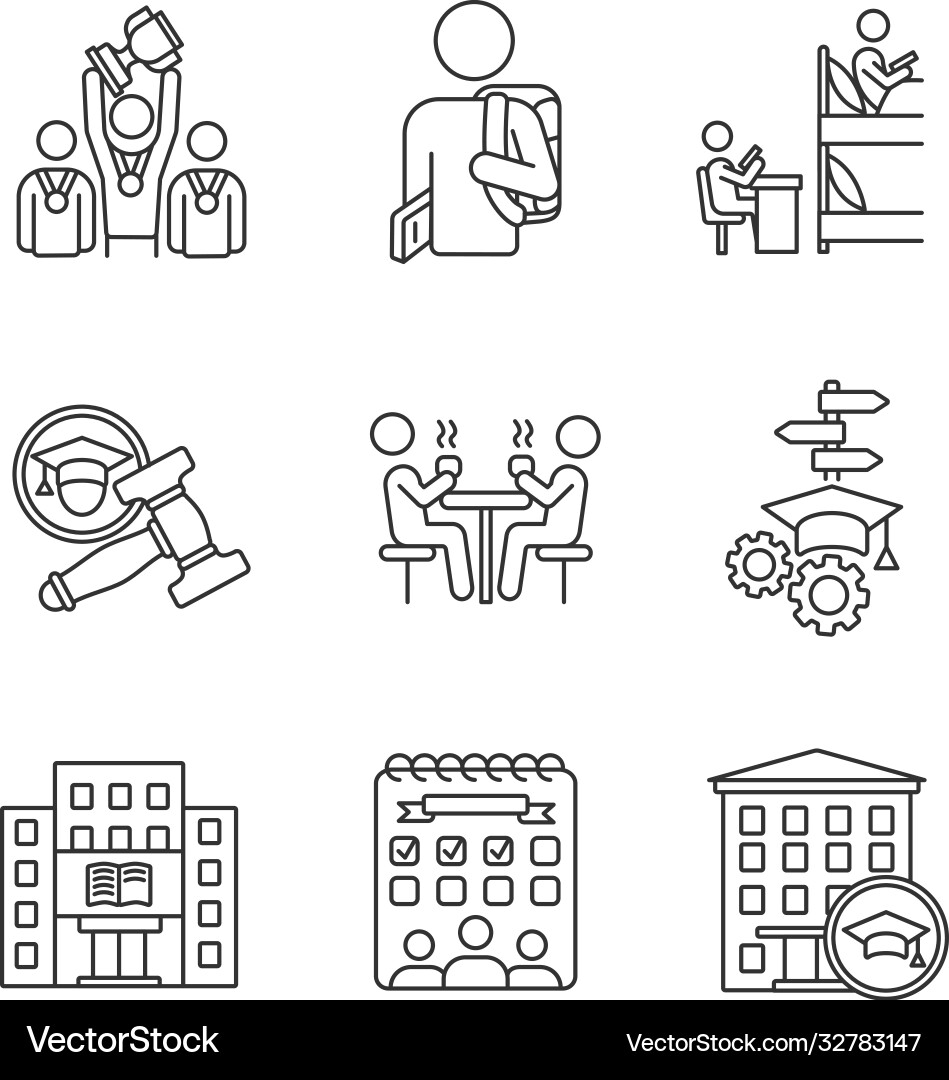 University life pixel perfect linear icons set Vector Image