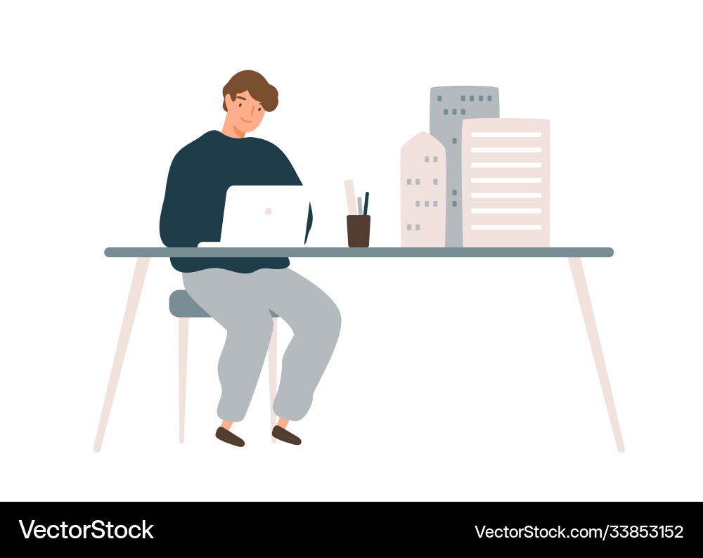 Male architect designer work on laptop with mini Vector Image