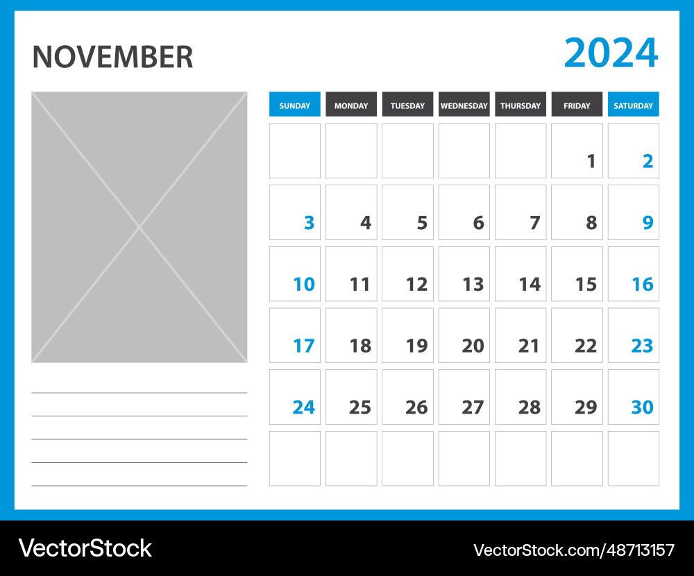 Calendar 2024 year template - november Royalty Free Vector
