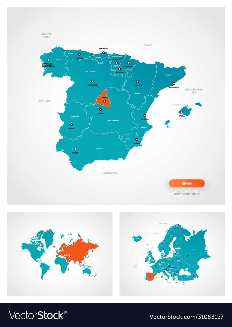 Editable template map spain with marks Royalty Free Vector