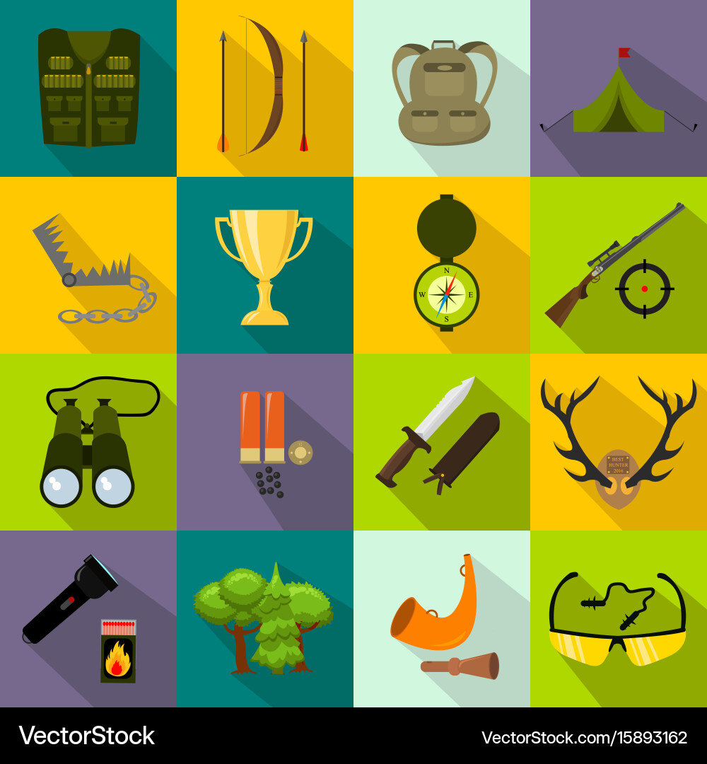 Flat color hunting icons set isolated Royalty Free Vector